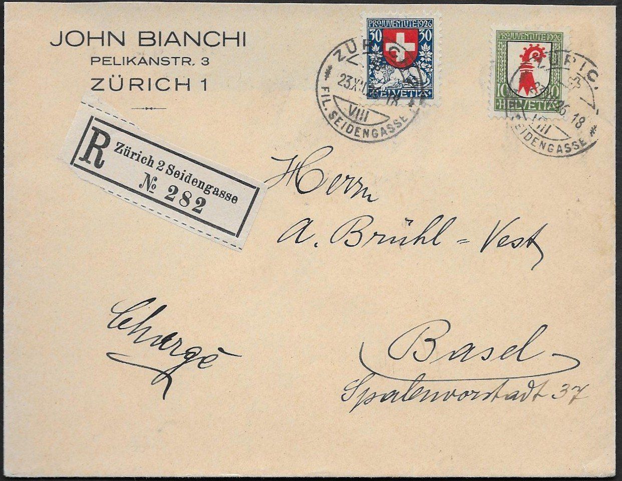 1926 CHARGE Brief Zürich J38+40 Wappen Frankatur ab 1.- (Gebraucht) in ...