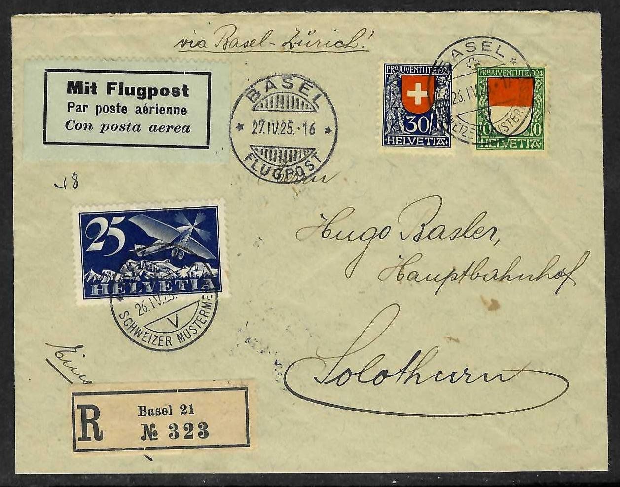 1925, F5+J30+32 a. Flugbrief Basel-Zürich LPHB 25.3a (15494) (Gebraucht ...
