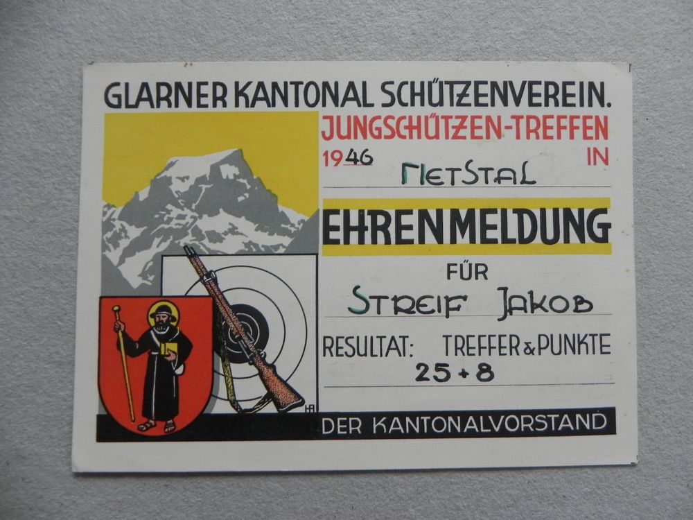 Karte Schützenfest Ehrenmeldung Netstal GL Glarus 1946 | Kaufen auf Ricardo