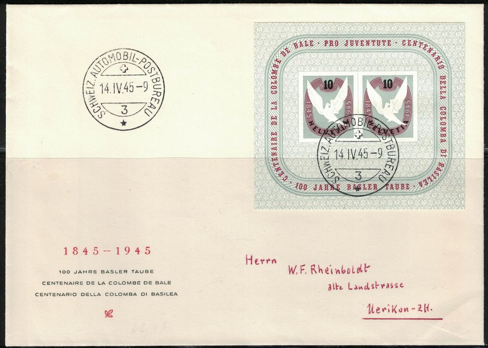 FDC Block 100 Jahre Basler Taube 1948 (Gebraucht) in Bern für CHF 8 – mit Lieferung auf Ricardo ...