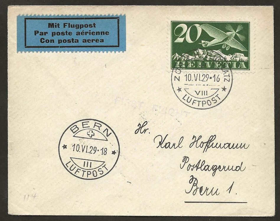 Flugpost Schweiz 10.6. 1929 Zürich Bern Luftpost (Gebraucht) in Au ZH für CHF 7 – mit Lieferung ...