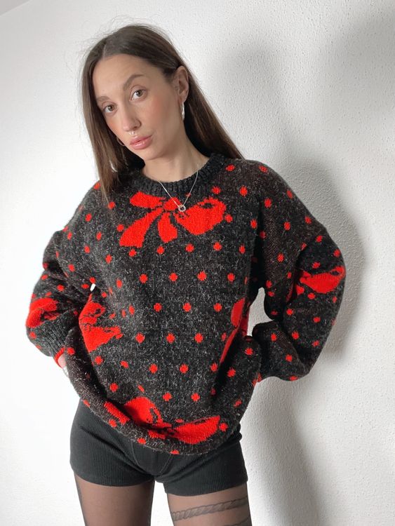 Vintage 90s Red Bow Knitted Sweater Y2K | Kaufen auf Ricardo