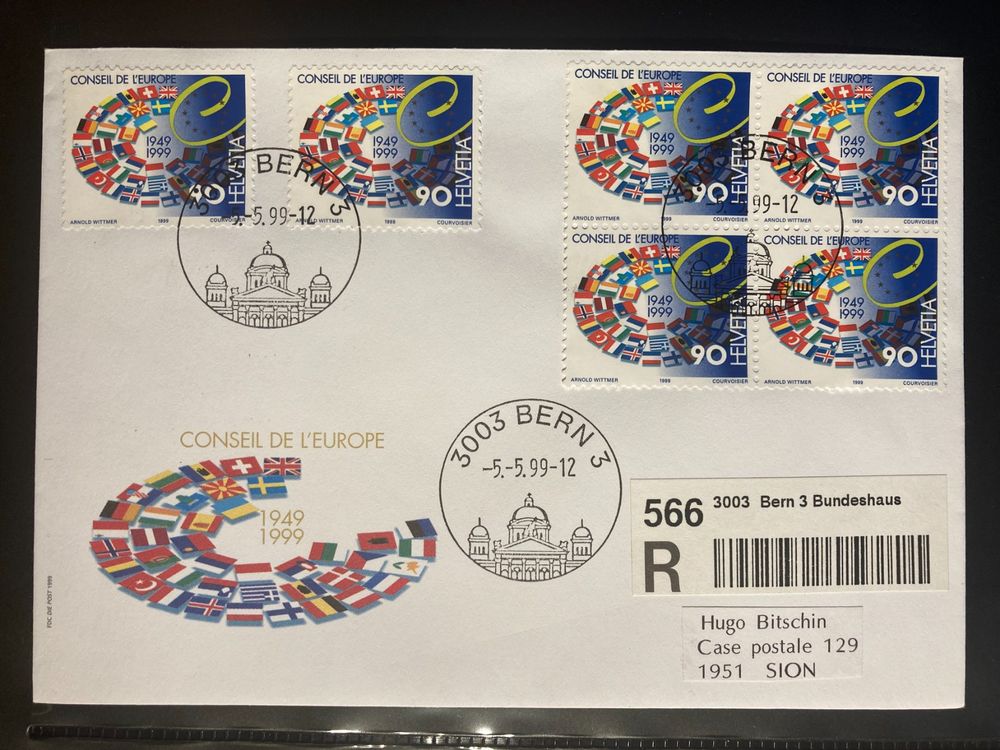 CH 1999 R-FDC 50J Europarat 4er-BLock Ortsstempel Bern 3 (Gebraucht) in Liestal für CHF 3 – mit ...