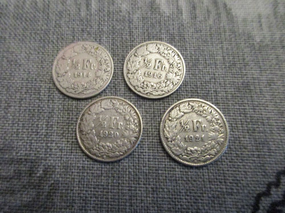 4 antike Silber Münzen 50 Rp. von: 1914 + 1916 + 1920 + 1921 (Gebraucht) in Schafisheim für CHF ...