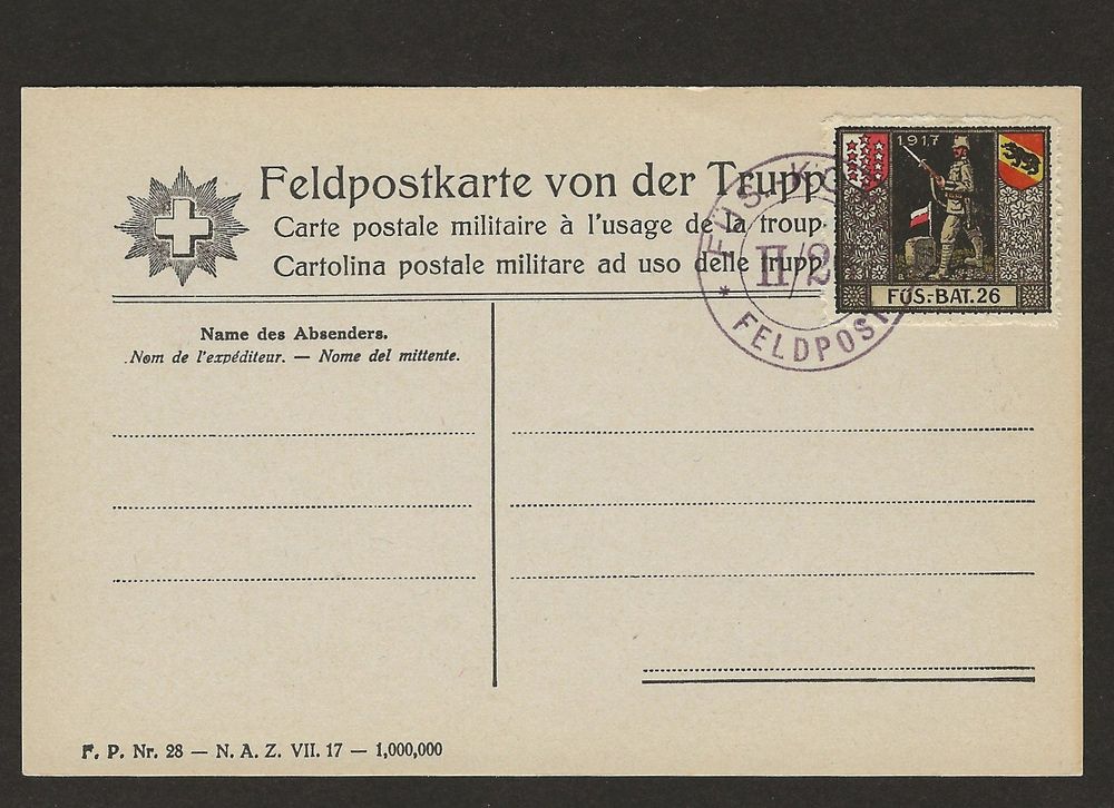 1917 Soldatenmarke auf Karte 1. Weltkrieg Militär FÜS BAT 26 (Gebraucht ...