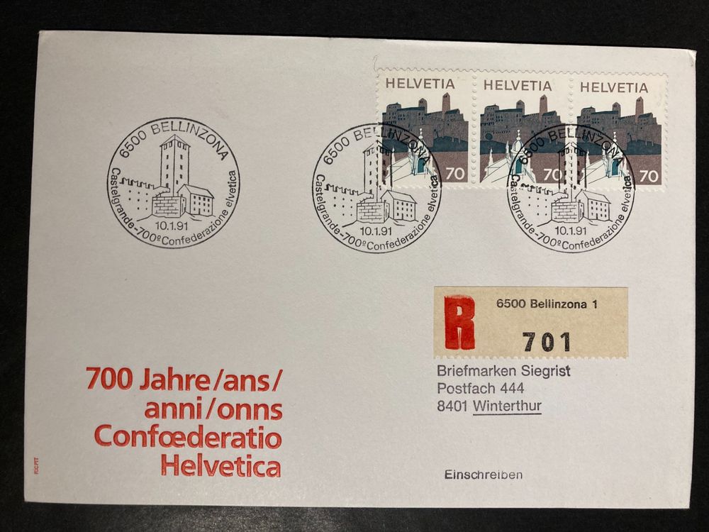 Schweiz 1991 R-Brief Sonderstempel Bellinzona 700 J Helvetia (Gebraucht) in Liestal für CHF 1.5 ...