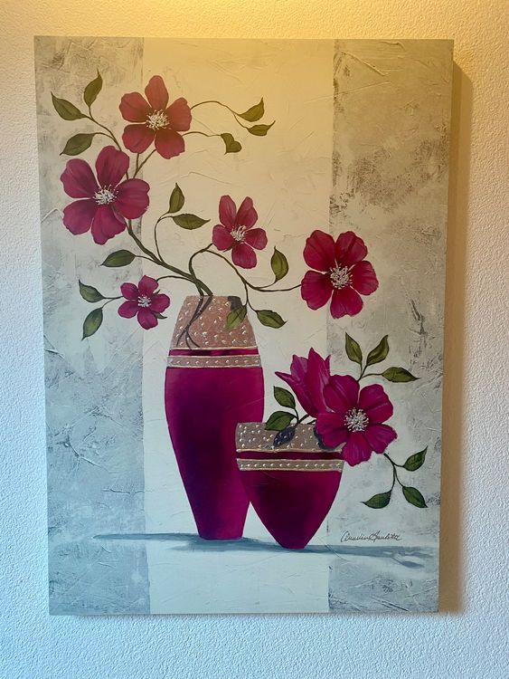 Blumenbild Acryl Gemälde auf Leinwand rosa rot signiert | Kaufen auf Ricardo