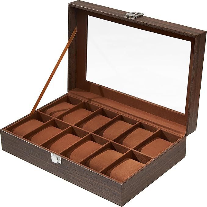 Uhrenbox 12 Fächern Uhrenkasten Aufbewahrungsbox Glasdeckel (Neu und ...