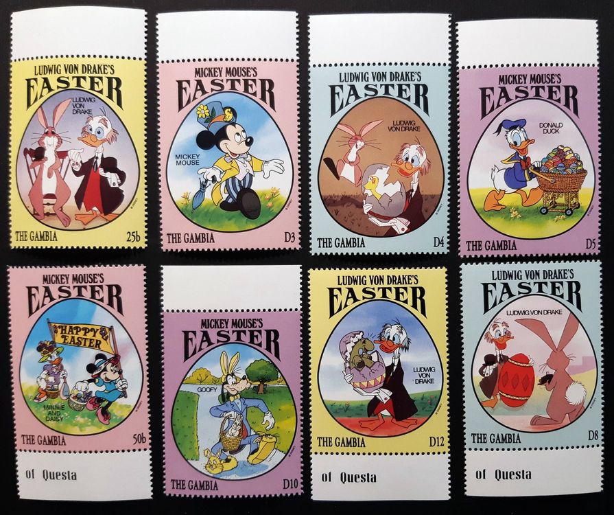 WALT DISNEY STAMPS GAMBIA MICKEY EASTER 1994 COMPLETE SET 8 (Neu ...