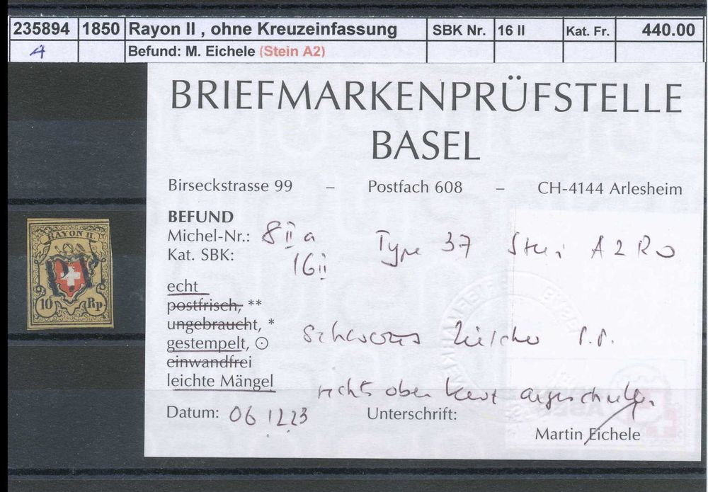 1850 Rayon II, SBK Nr. 16II, Befund: M. Eichele (Gebraucht) in Winterthur für CHF 65 – mit ...