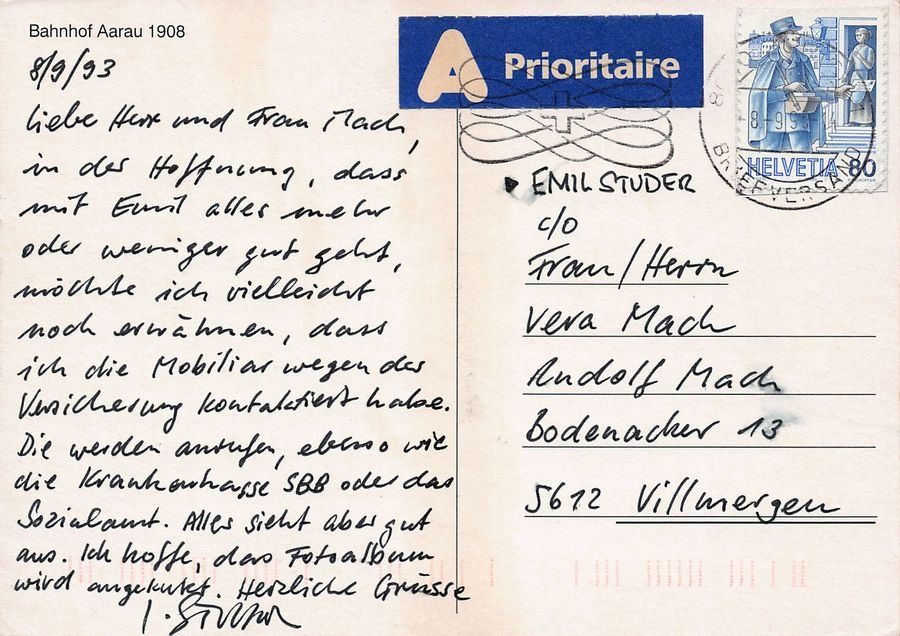 Aarau, Bahnhof 1908, REPRO einer Guggenheim-AK gelaufen 1993 (Gebraucht) in Frauenfeld für CHF 5 ...