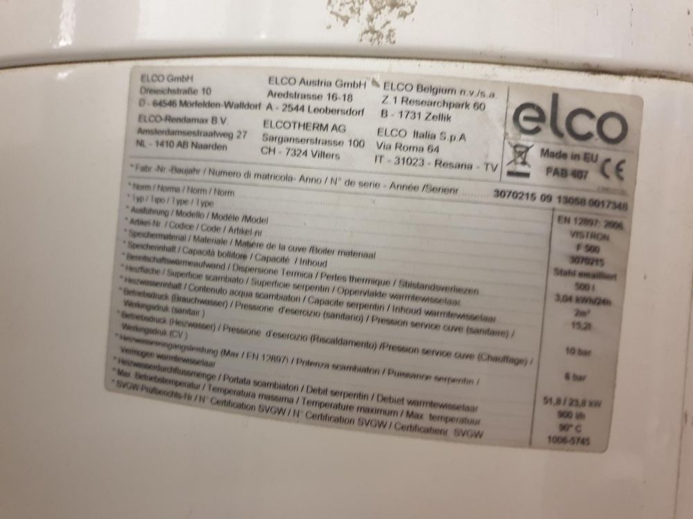 500L Beistellspeicher ELCO VISTRON F 500 (Boiler) (Gebraucht) in Gross für CHF 280 – nur ...