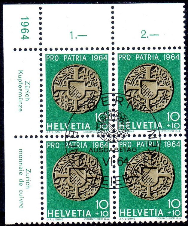 PRO PATRIA 1964 KUPFERMÜNZE ZÜRICH 4ERBLOCK AUSGABETAG -Y165 (Gebraucht) in Losone für CHF 1 ...