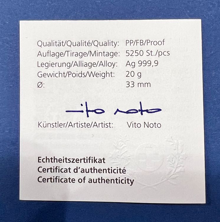 200 Jahre SSV - 20 CHF PP mit Künstlerzertifikat Nr. 244 (Neu und originalverpackt) in Brittnau ...