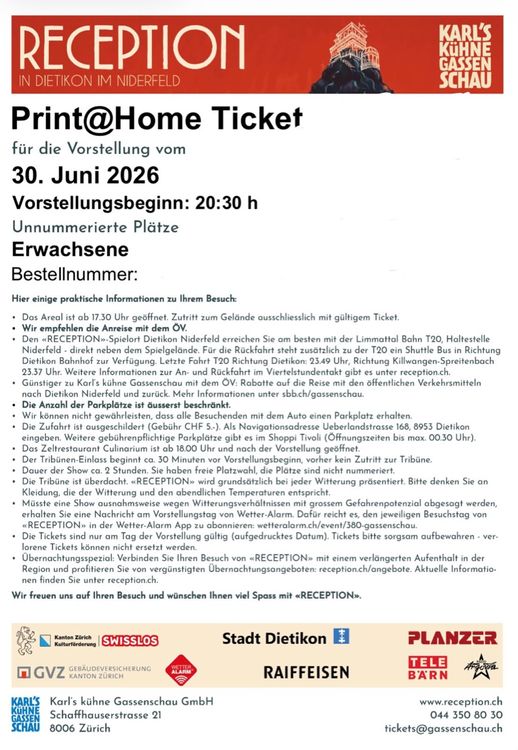 Karls Kühne Gassenschau Ticket RECEPTION 30. Juni 2026 (Neu und ...
