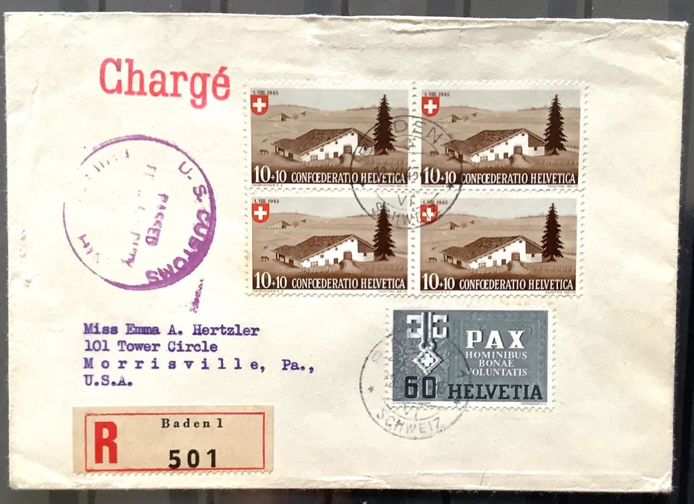 1945 Schweiz R Zensurbrief USA Philadelphia mit Pax 268 +B27 (Gebraucht) in Liestal für CHF 12 ...