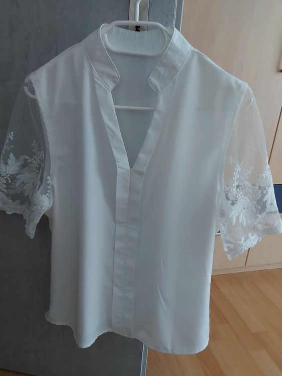 Schöne feine Bluse mit Spitzen an den Ärmel gr M weiss NEU | Kaufen auf Ricardo