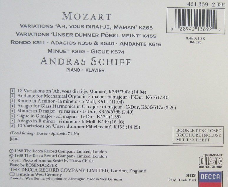 Mozart - Piano Variations (Andras Schiff) (Gebraucht) in Grüningen für ...