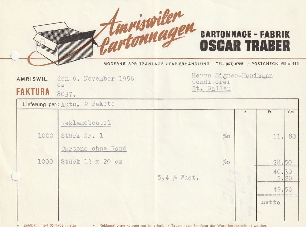 Rechnung Amriswil Karton-Fabrik Oscar Traber 1956 (Gebraucht) in Rorschacherberg für CHF 3 – mit ...