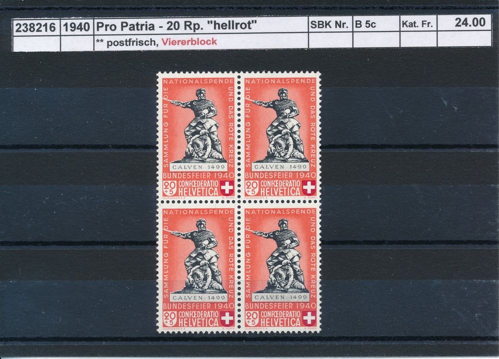1940 Pro Patria - 20 Rp. hellrot, Viererblock (Neu (gemäss Beschreibung)) in Winterthur für CHF ...