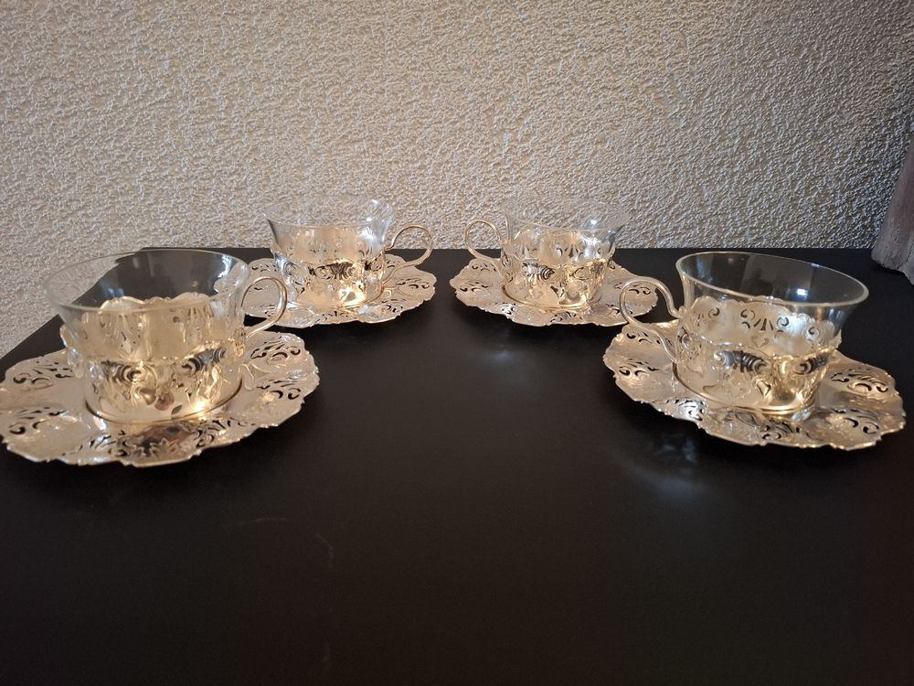 4 DRIBURG KRISTALL GLASS COFFEE CUPS W/Metal Silver Color (Gebraucht ...