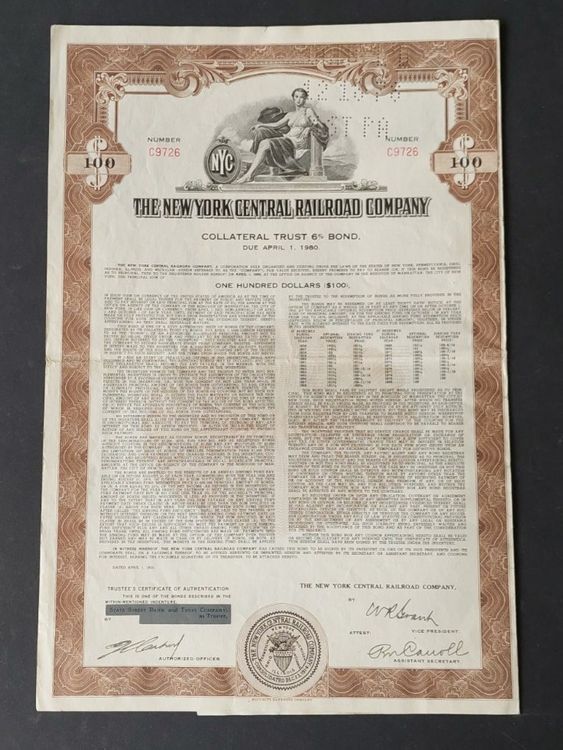 New York Central Railroad 1955, 1000 $ Bond (Gebraucht) in Zürich für ...