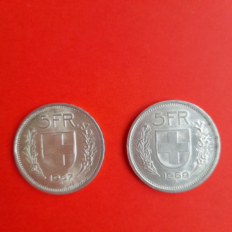2 Silbermünzen 5 Franken 1967 & 1969 Schweiz 🇨🇭 (Gebraucht) in Binningen für CHF 21 – nur ...