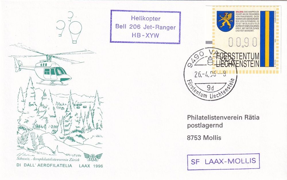 Tag der Aerophilatelie 1996 (Laax), Laax - Mollis, ab FL (Gebraucht) in Baar für CHF 3 – mit ...