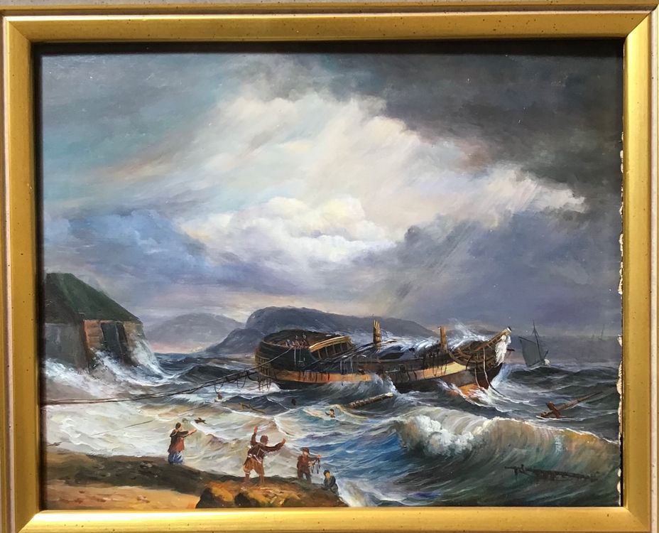 Küsten Gemälde mit Schiff Unleserlich Signiert | Kaufen auf Ricardo