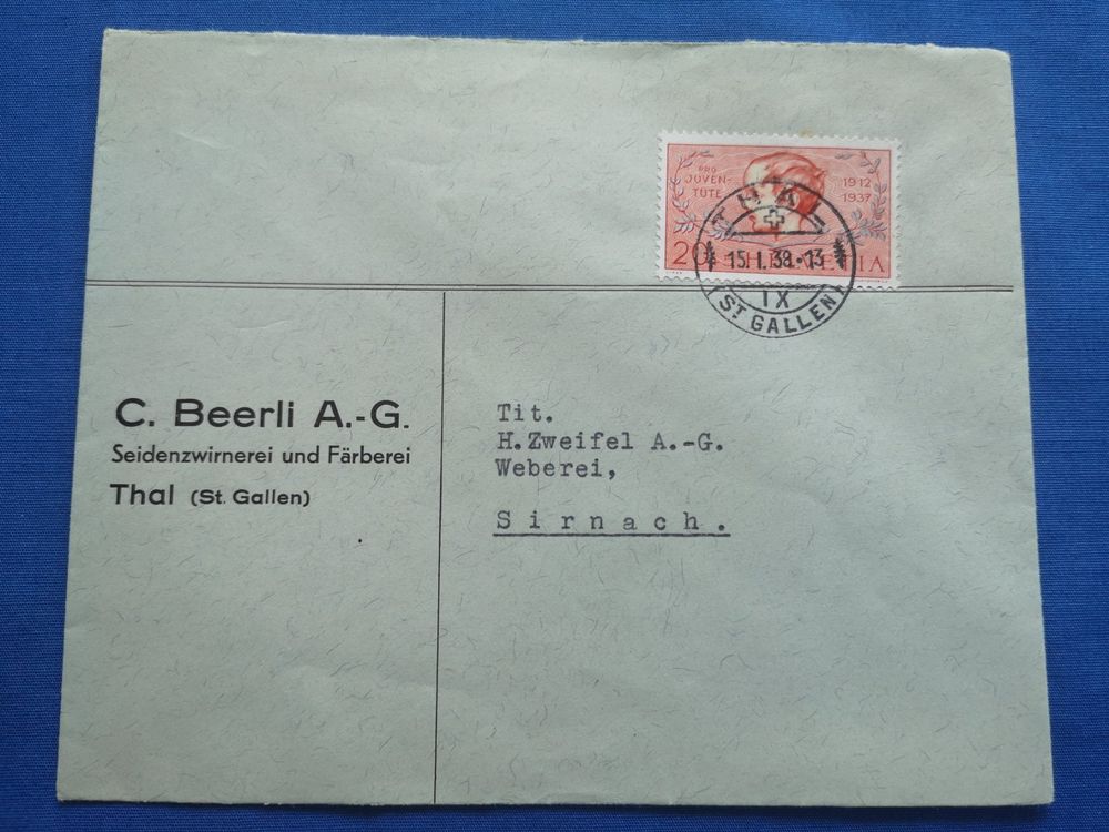C. Beerli Seidenzwirnerei + Färberei, Thal SG Brief von 1938 (Gebraucht) in Romanshorn für CHF 3 ...