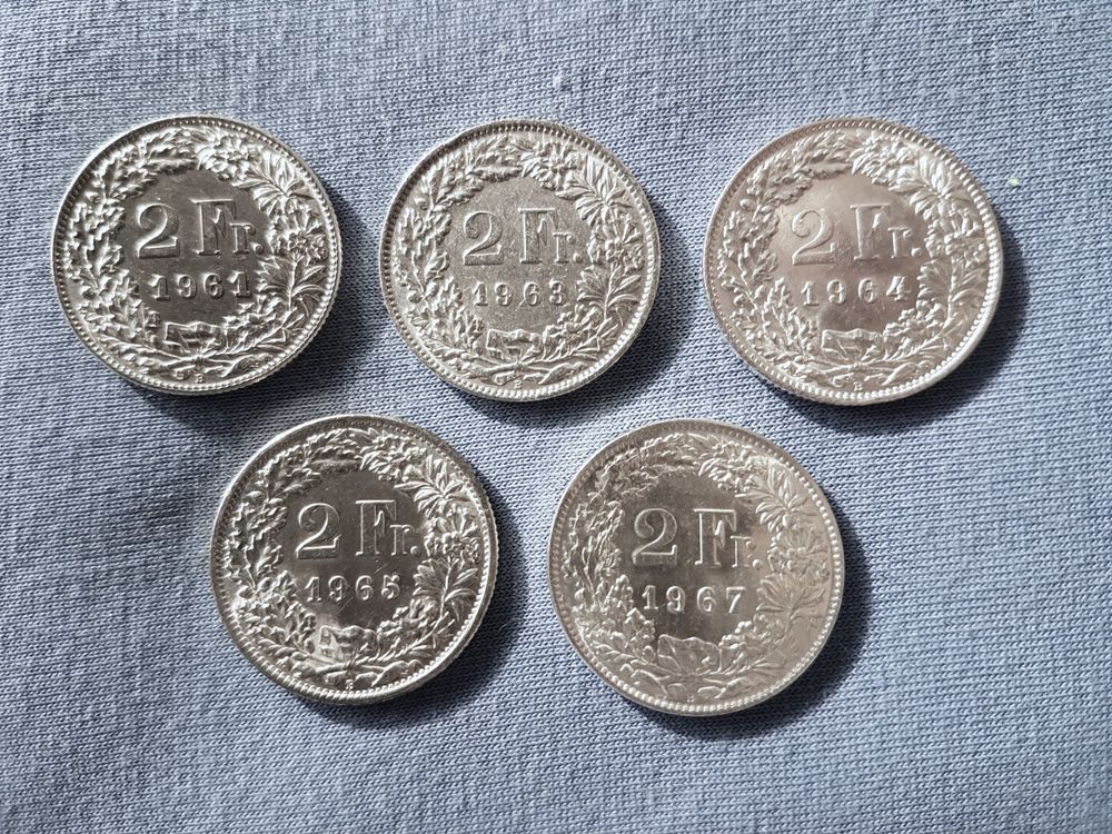 5 x 2 Fr schöne Silberm. 1961 bis 1967 kompl. Serie ab 1 Fr! | Kaufen auf Ricardo