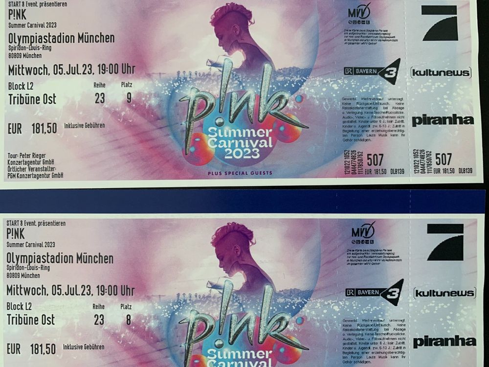 PINK Konzert, München 5.7.2023, 2 Sitzplatztickets (Neu (gemäss ...