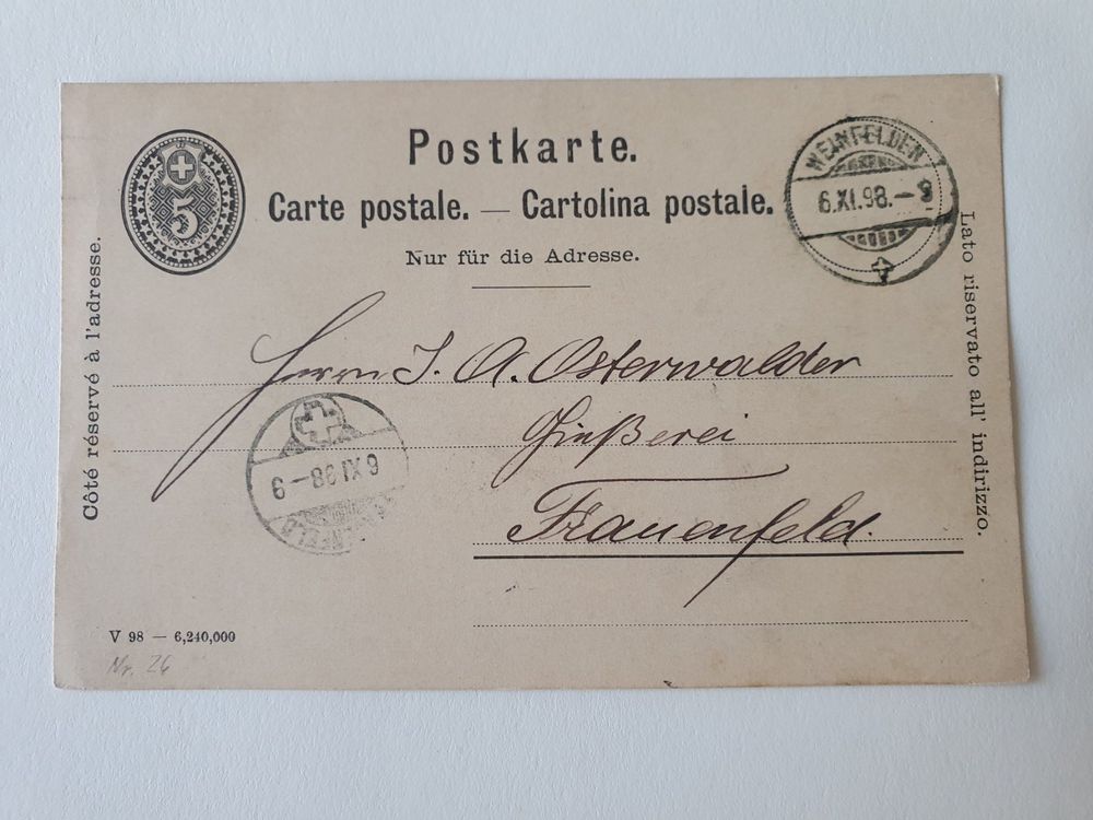 Postkarte aus dem Jahr 1898 von Weinfelden nach Frauenfeld | Kaufen auf Ricardo