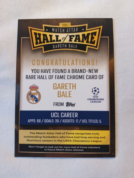 2025-26 Topps Match Attax - Hall of Fame - Gareth Bale Card (Neu ...