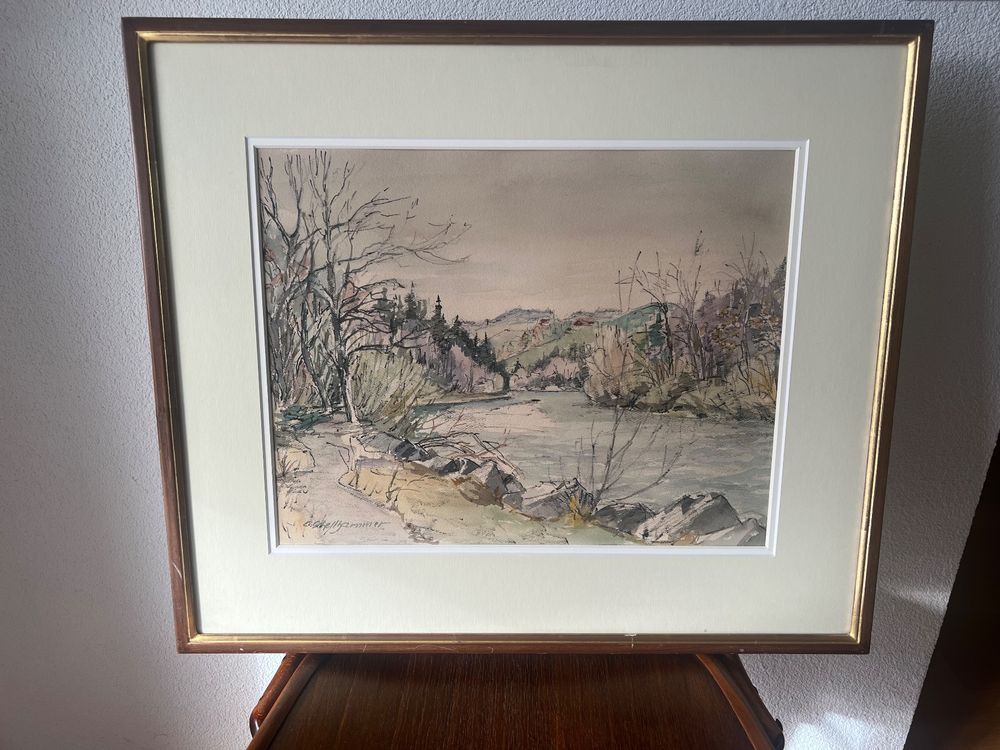 Carl Schellhammer, Aquarell, Frühjahr an der Emme 1953 (Gebraucht) in ...