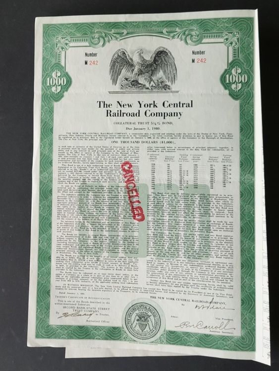 New York Central Railroad 1955, 1000 $ Bond (Gebraucht) in Zürich für ...