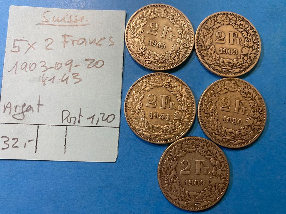 SUISSE: 5 X 2 FRANCS 1903-09-20-41-43- ARGENT | Kaufen auf Ricardo