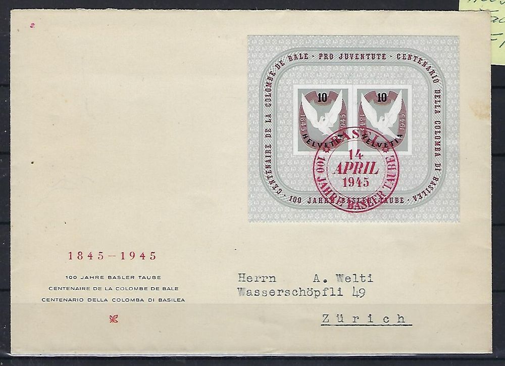 1945 Brief ET. 100 Jahre Basler Taube 15638 (Gebraucht) in Lunden für CHF 15 – mit Lieferung auf ...