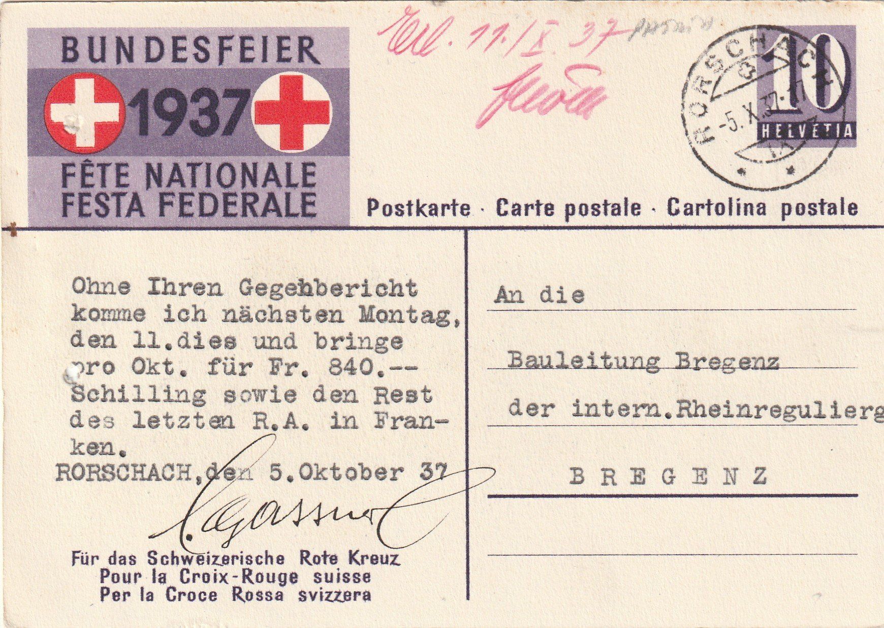 Bundesfeier Postkarte 1937 (Gebraucht) in Rupperswil für CHF 1 – mit ...