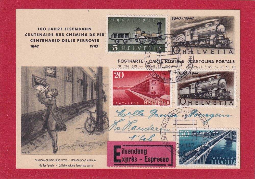 Entier postal - FDC - 100 Jahre Schweizer Bahnen 1947 (Gebraucht) in Orvin für CHF 8.5 – mit ...