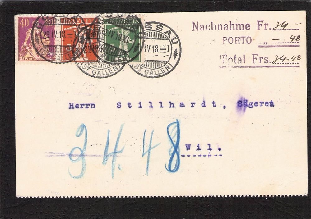 Nachnahme Karte mit Mischfrankatur , Gossau SG , 29.IV.1918 (Gebraucht) in Reichenburg für CHF ...