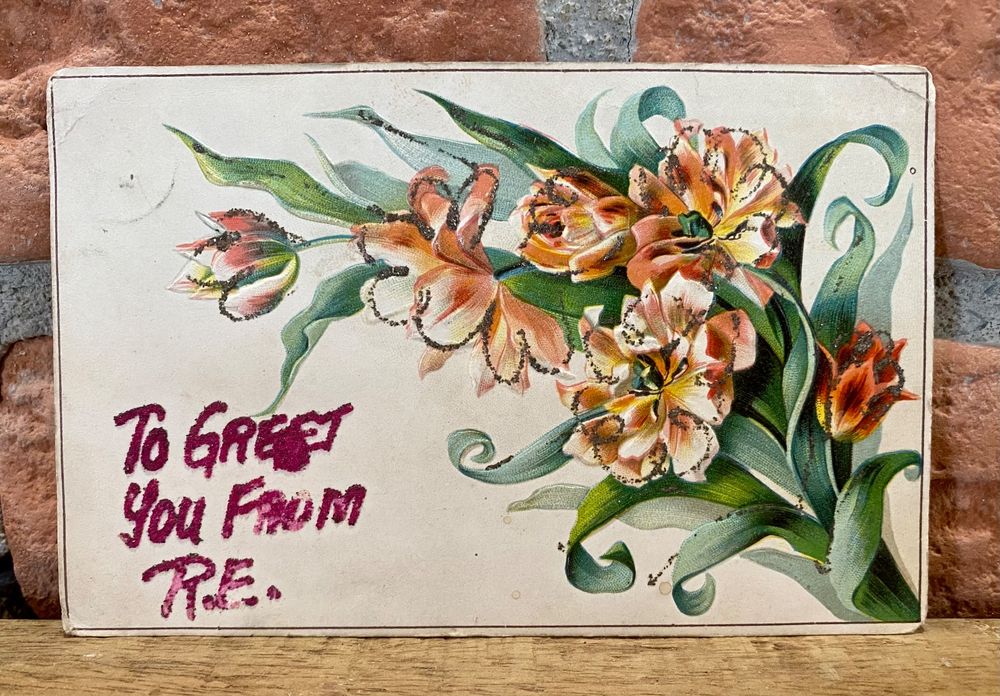 1909 - Antike AK Blumen geprägt mit Glitter aus England | Kaufen auf Ricardo