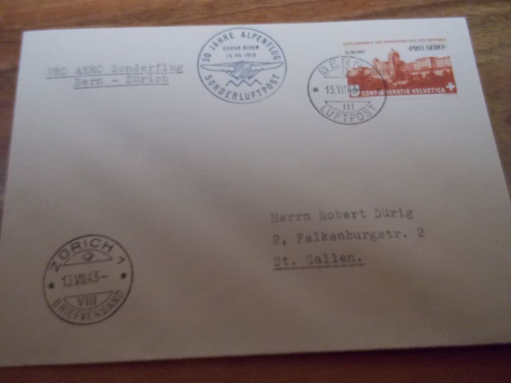 Brief Pro Aero 1943, Sonderflug Bern - Zürich (Gebraucht) in Niederwil AG für CHF 2.6 – mit ...