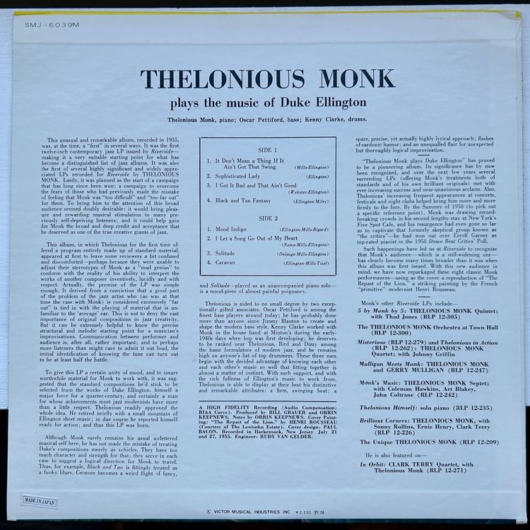 Thelonious Monk Thelonious Monk Plays Duke Ellington LP (Gebraucht) in ...