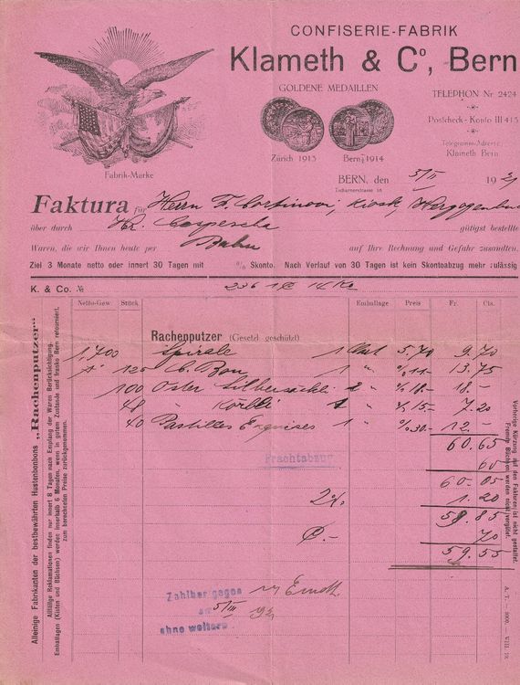 Rechnung Bern 1921 Confiserie-Fabrik Klameth (Gebraucht) in Rorschacherberg für CHF 5 – mit ...