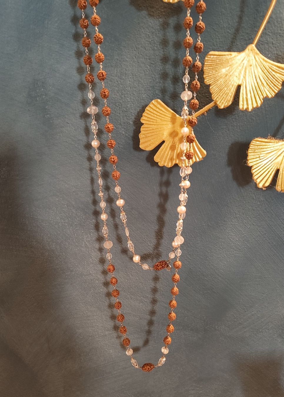 Rudraksha mala neckless, rosen quarz, 2 Mukhi, clear cristal (Gebraucht ...