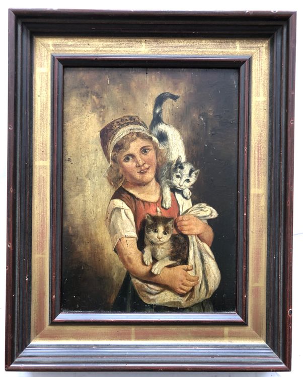 Antikes Gemälde - Öl auf Holz - "Mädchen mit Katzen" (Gebraucht) in für ...