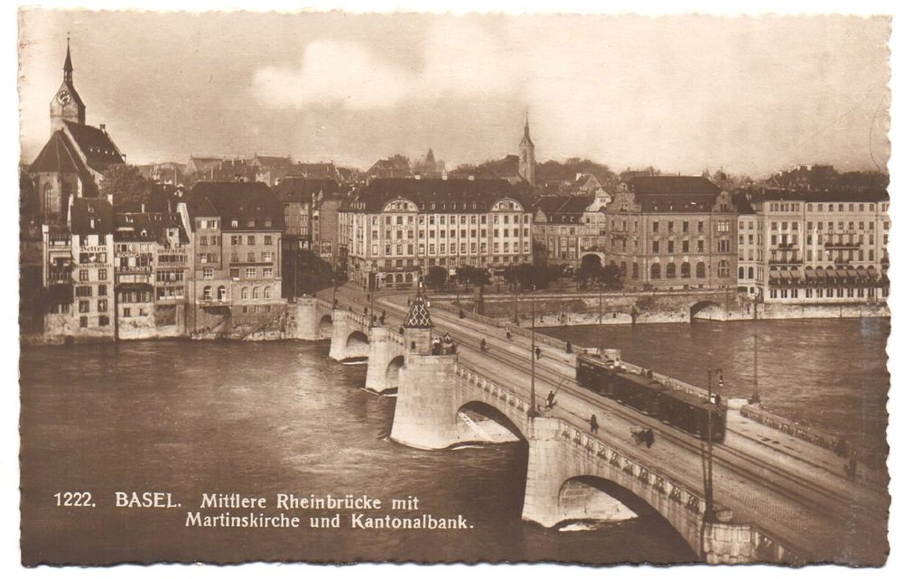 BASEL Mittlere Rheinbrücke mit Martinskirche und Bank, Tram | Kaufen auf Ricardo