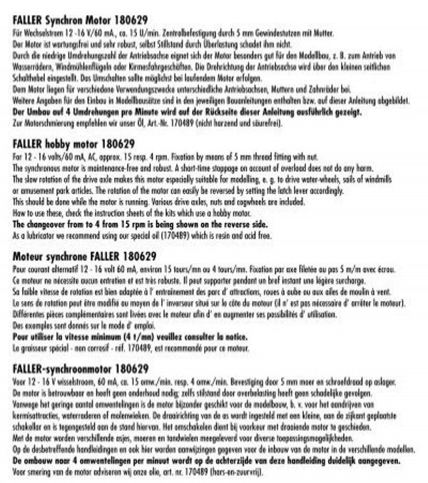 FALLER 180629 Synchron Motor 12-16Volt AC NEU für Mühle usw. (Neu und ...