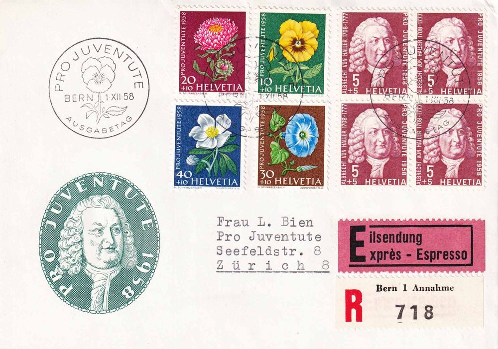 1958 Pro Juventute Nr. 173-177, auf illustriertem Eil-R-FDC. | Kaufen auf Ricardo